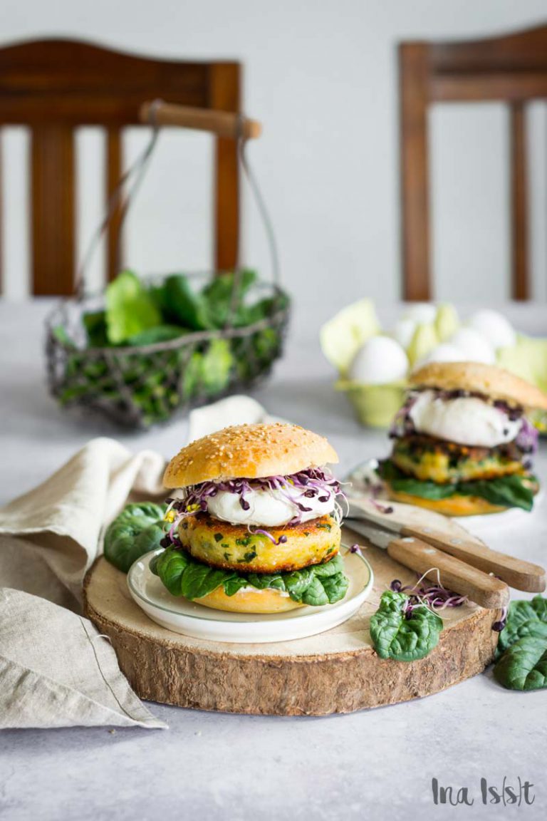 Popeye Burger mit Spinat-Patty und pochiertem Ei - Ina Isst